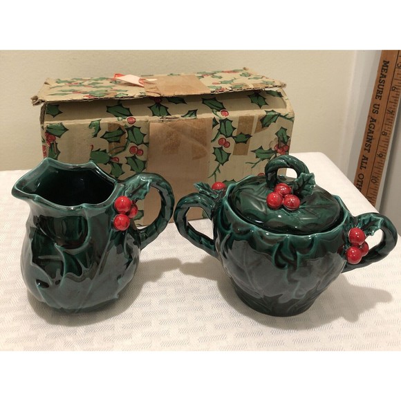 Lefton | Dining | Vintage Lefton Green Holly Creamer And Sugar Bowl ...